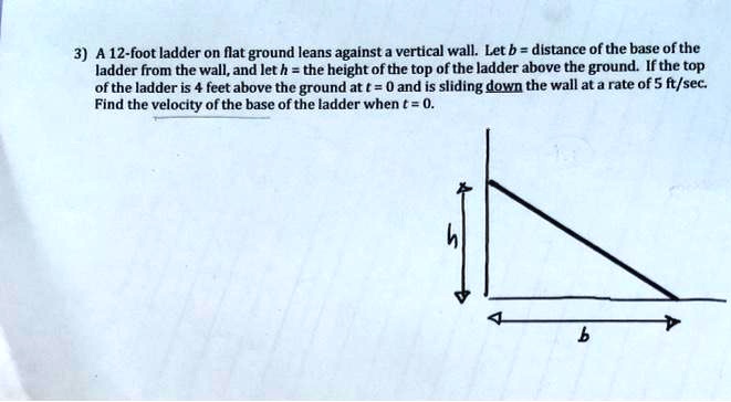 SOLVED: 3) A 12-foot ladder on flat ground leans against a vertical ...