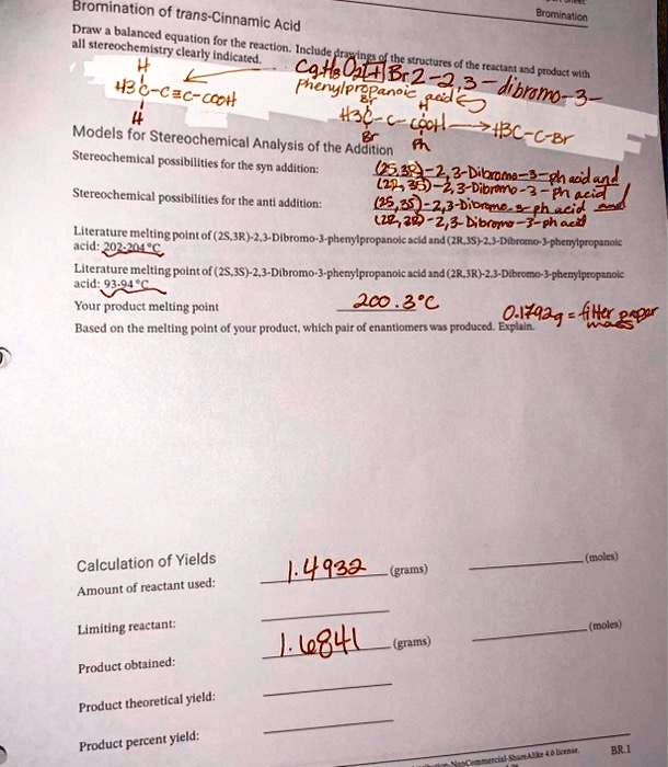 Bromination of trans-Cinnamic Acid Bromination Draw a balanced equation ...