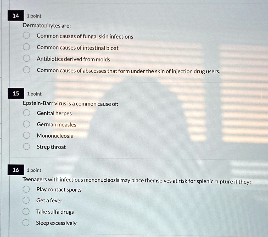 14 1 point Dermatophytes are: Common causes of fungal skin infections ...