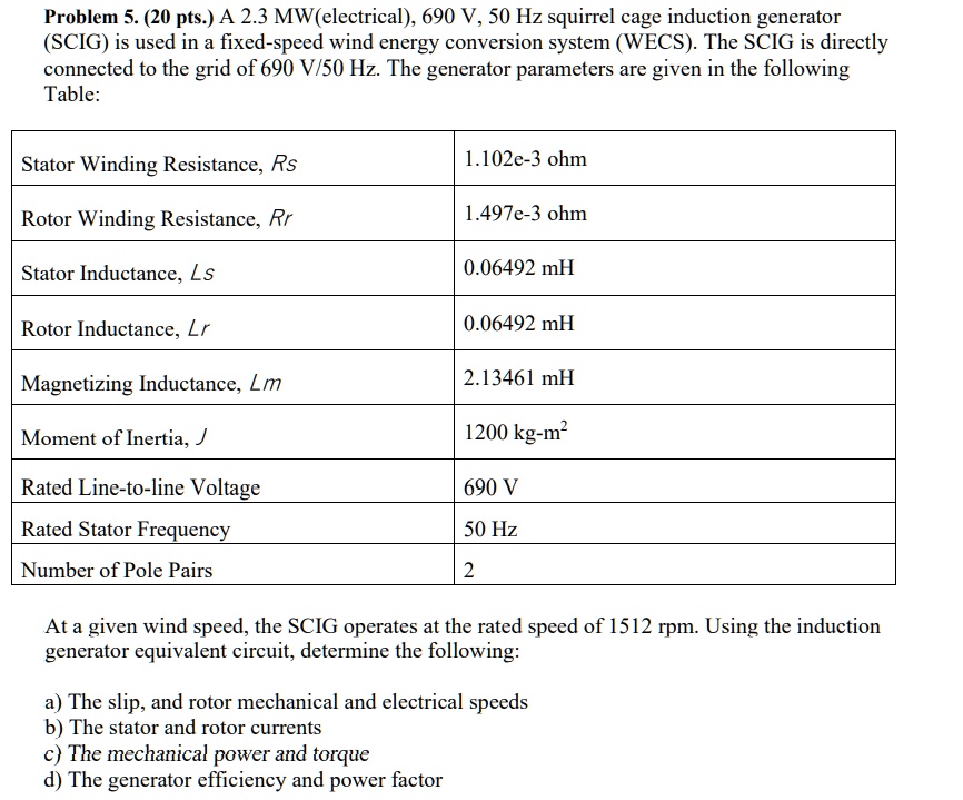 Problem 5. (20 pts.) A 2.3 MW(electrical), 690 V, 50 Hz squirrel cage ...