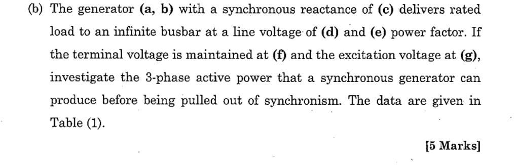 (b) The generator (a, b) with a synchronous reactance of (c) delivers ...