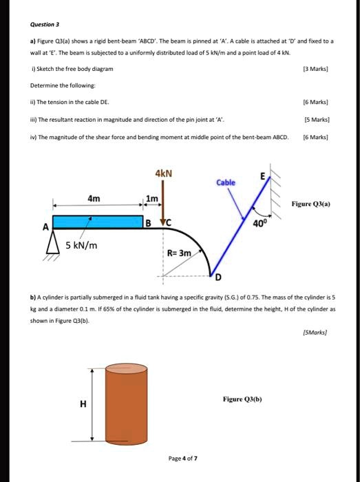 SOLVED: Question3 a) Figure Q3(a) shows a rigid bent-beam ABCD, The beam is pinned at A, A cable ...