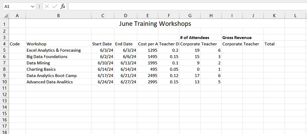 A1 Xfx A B C D E F G H J K L 1 2 3 June Training Workshops # of Attendees Gross Revenue 4 Code ...