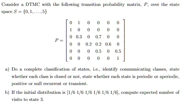 SOLVED: Consider DTMC with the following transition probability matrix ...