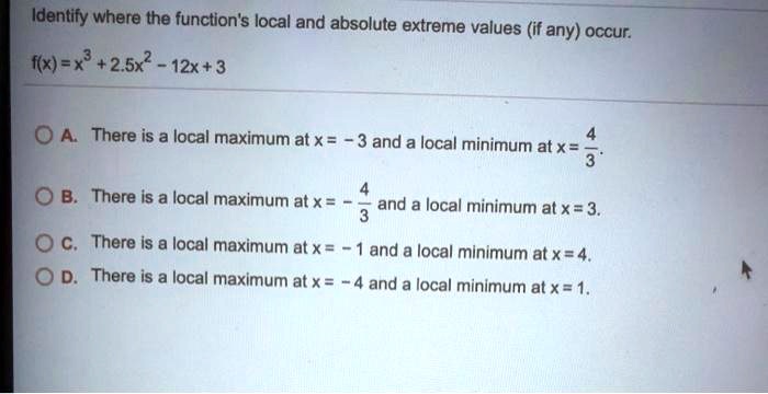 SOLVED:Identify where the function's local and absolute extreme values ...