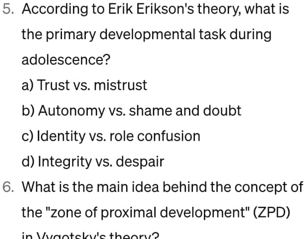 SOLVED: According to Erik Erikson's theory, what is the primary ...