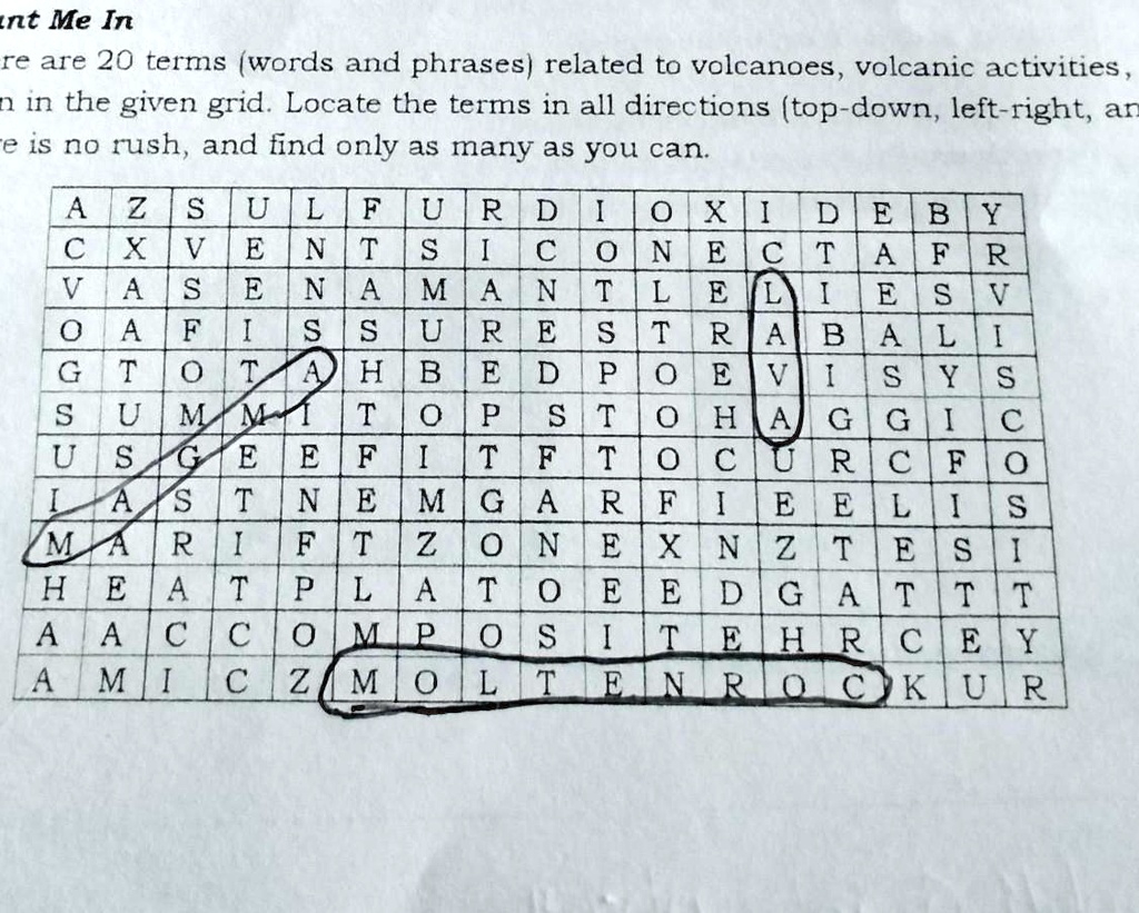 SOLVED: There are 20 terms (words or phrases) related to volcanoes and ...