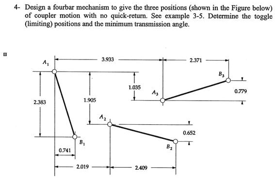 SOLVED: Design a four-bar mechanism to give the three positions (shown in the Figure below) of ...
