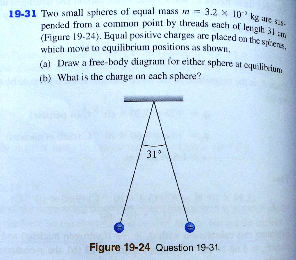 SOLVED: 19-31 Two small spheres of equal mass m = 3.2 x 10^-3 kg are suspended from a common ...