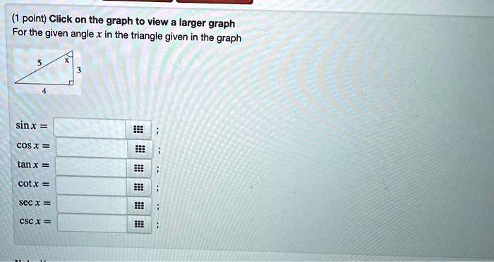 SOLVED: Click on the graph to view a larger graph. For the given angle x in the triangle given ...