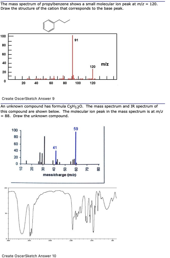 SOLVED: The mass spectrum of propylbenzene shows small molecular ion peak at mlz = 120. Draw the ...