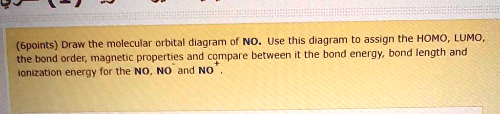 (6points) Draw the molecular orbital diagram of NO. Use this diagram to assign the HOMO, LUMO ...
