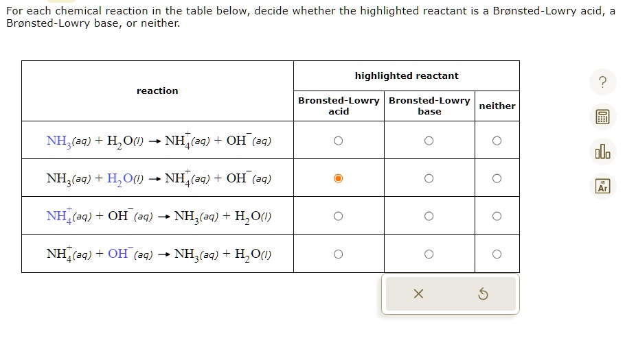 SOLVED: For each chemical reaction in the table below, decide whether ...