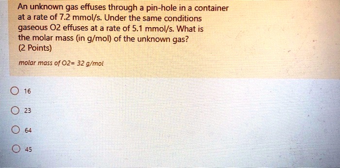 SOLVED: An unknown gas effuses through a pin-hole in a container at a ... SOLVED: An unknown gas effuses through a pin-hole in a container at a ...