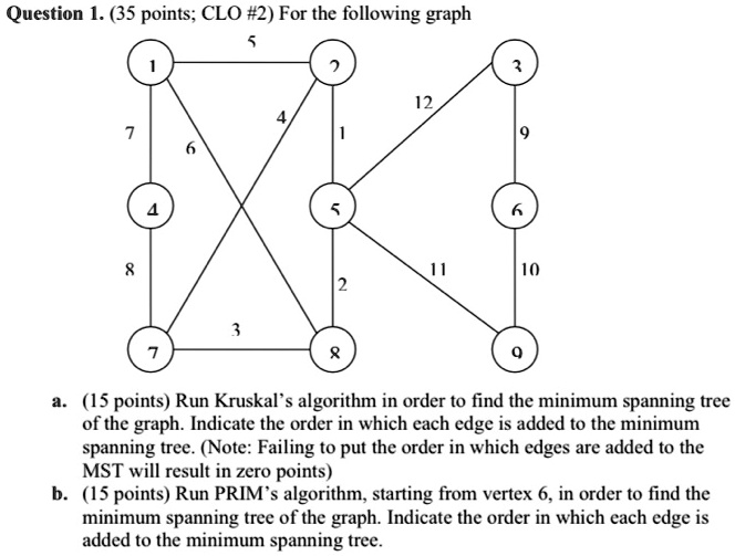 Question 1. (35 points; CLO #2) For the following graph 5 1 2 3 12 4 7 1 9 6 8 4 5 6 11 10 2 3 7 ...