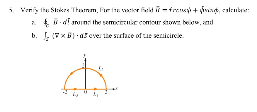 SOLVED: Please help with #5 5. Verify the Stokes Theorem. For the vector field B = rcosÎ¸ + sinÎ ...