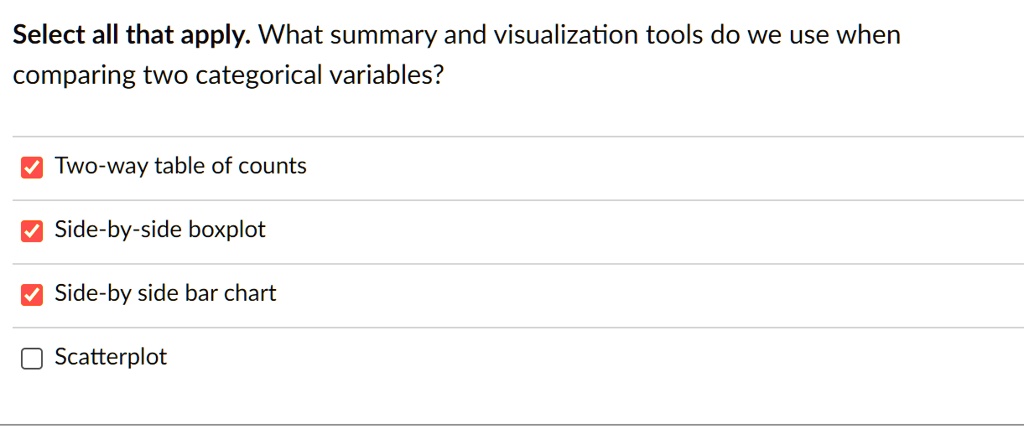 SOLVED: Select all that apply. What summary and visualization tools do we use when comparing two ...