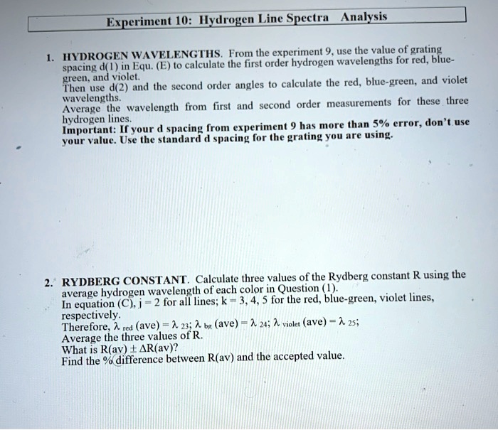 experiment io hydrogen line spectra analysis hydrogen wavelengths from the experiment 9 use the ...