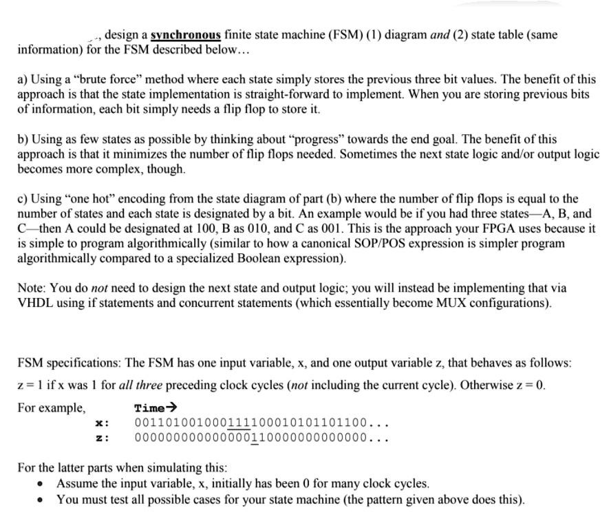 Design a synchronous finite state machine (FSM) diagram and state table (same information) for ...