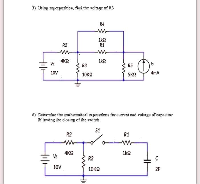 3) Using superposition, find the voltage of R3 R4 R2 1?? R1 4?? 1?? Vs R3 R5 Is 10V 10?? 5?? 4mA ...