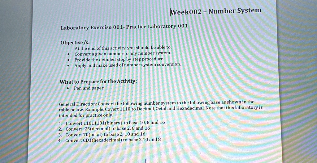 SOLVED: Please help Weekooz Number System Laboratory Exercise 001 ...