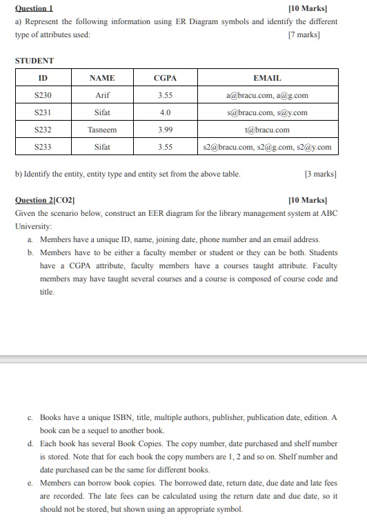texts draw the figure in hand question 1 10 marks a represent the following information using er ...