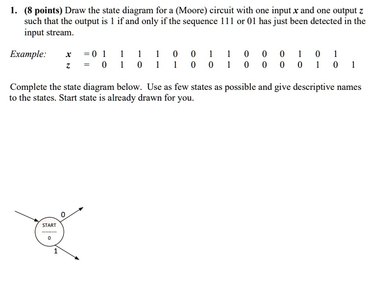 SOLVED: Draw state diagram for a (Moore) Circuit with one input x and one output z 1. (8 points ...