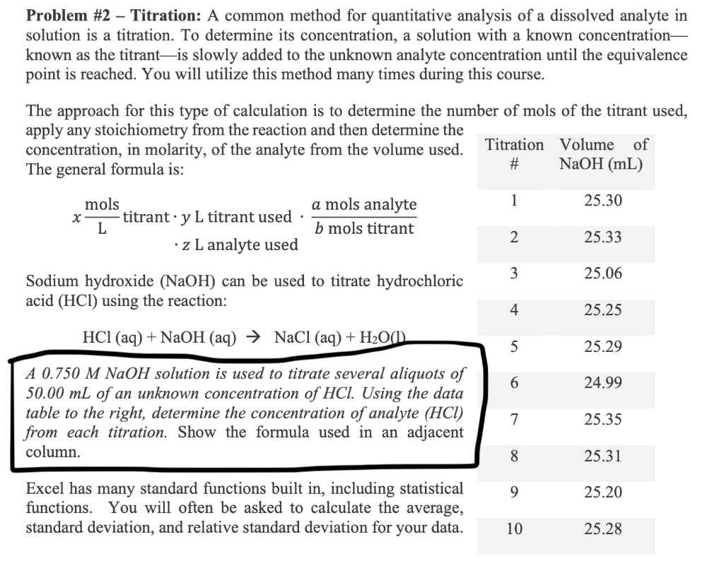 SOLVED: Problem #2 Titration: A common method for quantitative analysis of a dissolved analyte ...