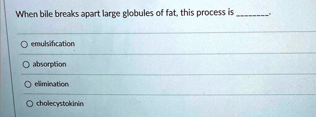 SOLVED: When bile breaks apart large globules of fat, this process is ...