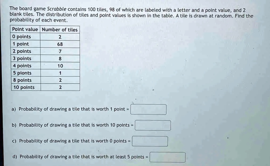 SOLVED: The board game Scrabble contains 100 tiles, 98 of which are ...