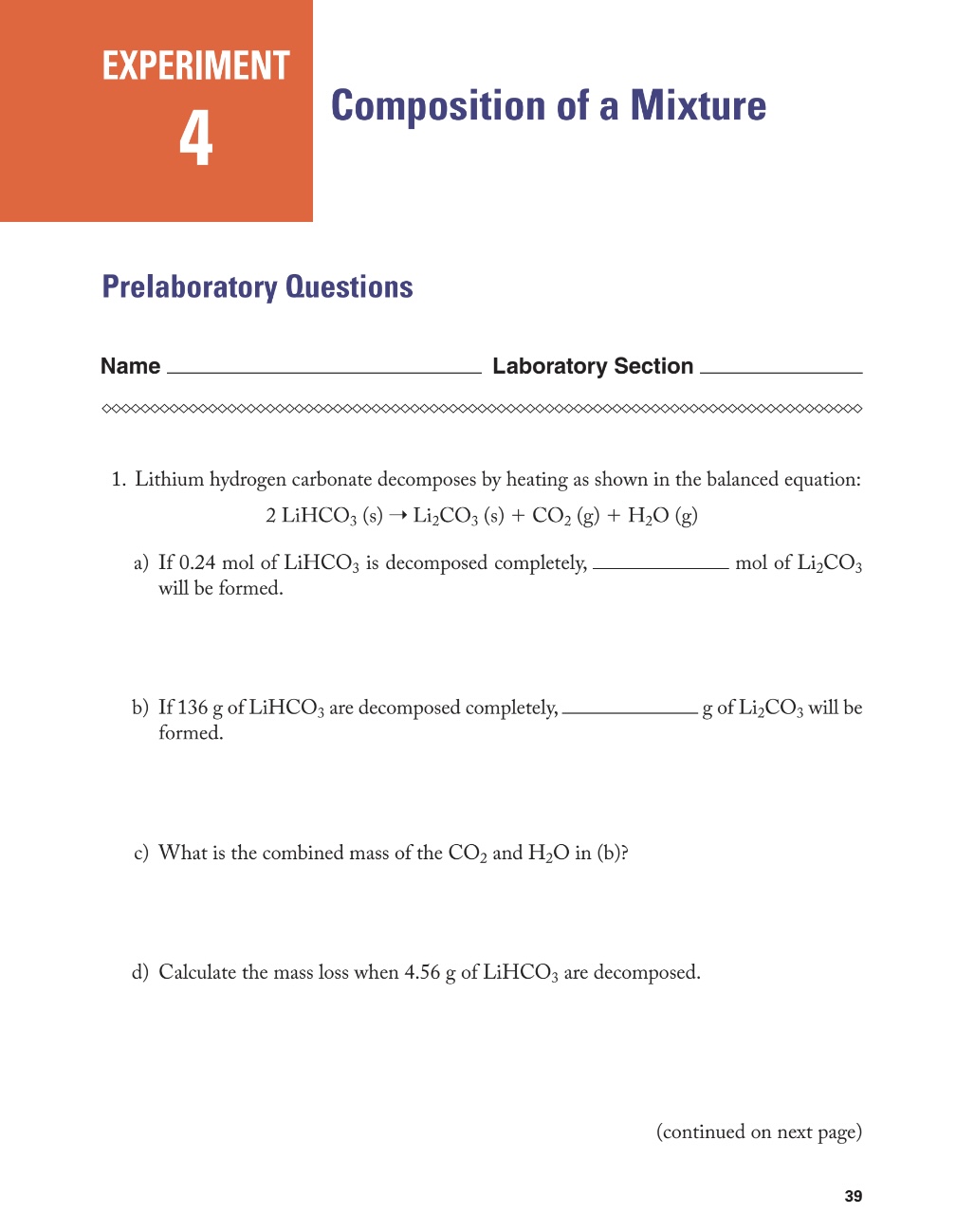 EXPERIMENT Composition of a Mixture Prelaboratory Questions Name ...