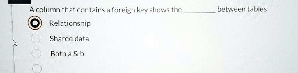 SOLVED: A column that contains a foreign key shows the between tables ...