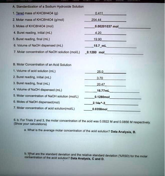 SOLVED: A. Standardization of a Sodium Hydroxide Solution Tared mass of ...