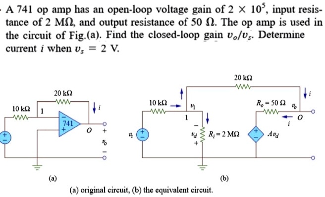 A 741 op amp has an open-loop voltage gain of 2 × 10^5, input resistance of 2 MΩ, and output ...