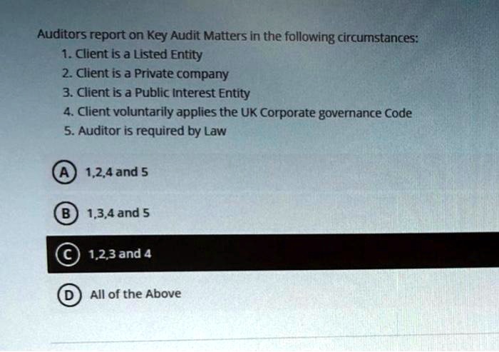 Auditors report on Key Audit Matters in the following circumstances: 1. Client is a Listed ...