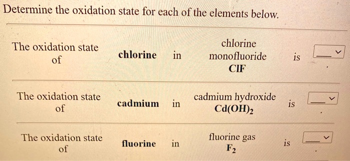 SOLVED: Determine the oxidation state for each of the elements below ...
