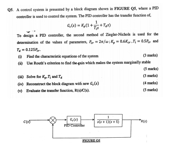 SOLVED: Q5. A control system is presented by a block diagram shown in FIGURE Q5, where a PID ...