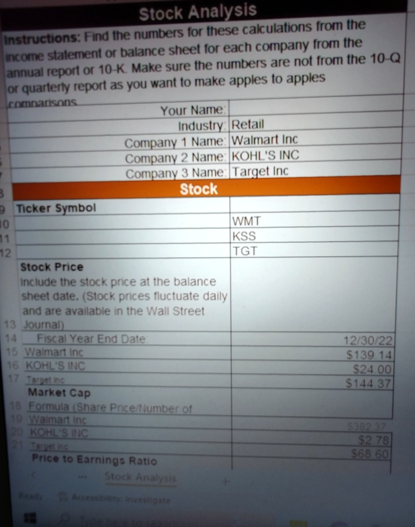 Stock Analysis Instructions: Find the numbers for these calculations ...