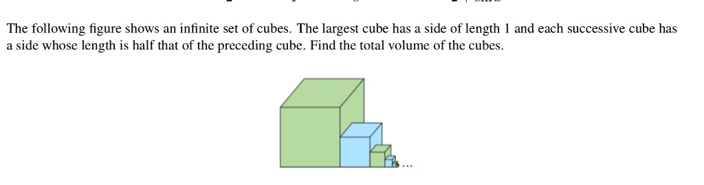 SOLVED: The following figure shows an infinite set of cubes. The largest cube has a side of ...