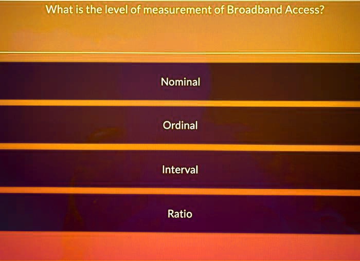 SOLVED: What is the level of measurement of Broadband Access? Nominal ...