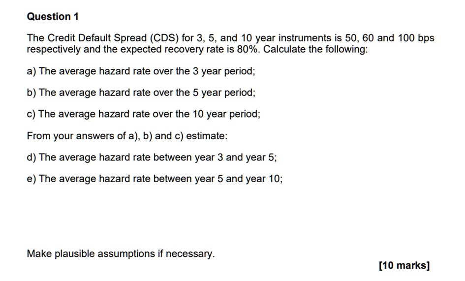 SOLVED: Question 1 The Credit Default Spread (CDS) for 3, 5, and 10 ...