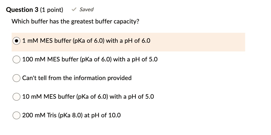 SOLVED: Question 3 (1 point) Saved Which buffer has the greatest buffer ...