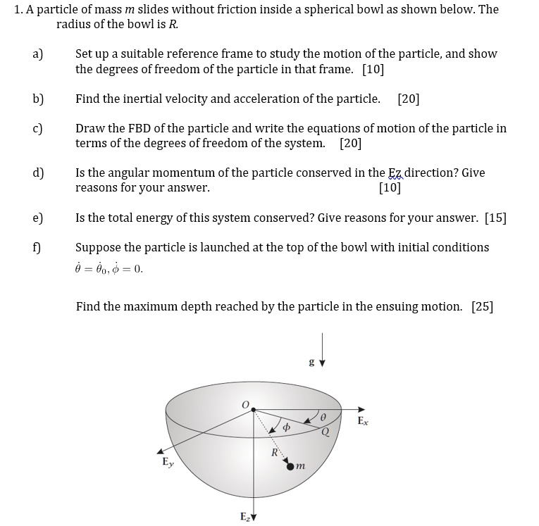 1. A particle of mass m slides without friction inside a spherical bowl as shown below. The ...