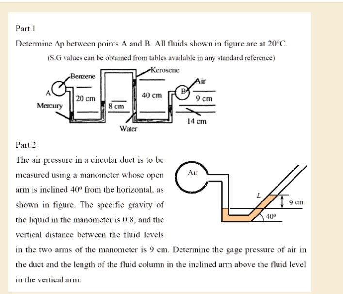 part1 determine delta p between points a and b all fluids shown in figure are at 20circ c sg ...