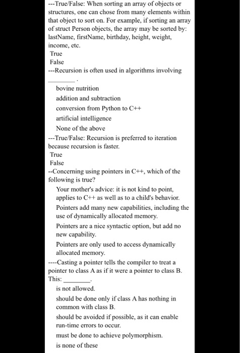 Solved Truefalse When Sorting An Array Of Objects Or Structures One Can Chose From Many 5565