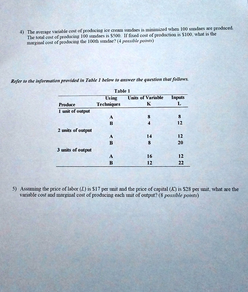 4) The average variable cost of producing ice cream sundaes is minimized when 100 sundaes are ...