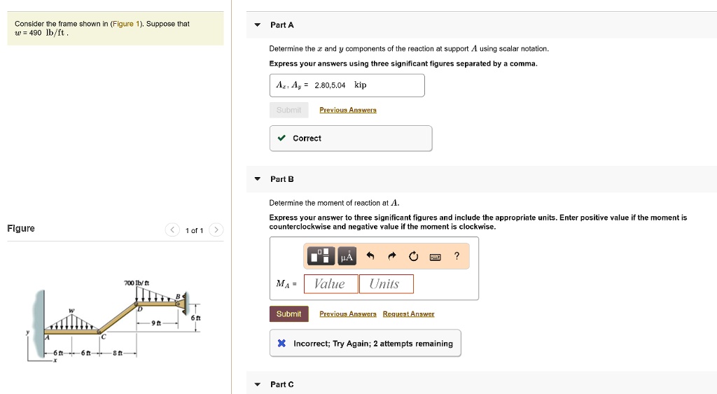 Consider the frame shown in (Figure 1). Suppose that w = 490 lb/ft. Part A Determine the x and y ...
