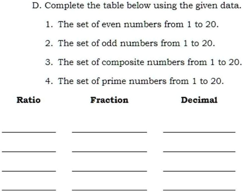 SOLVED: D Complete the table below using the given data: 1 The set of even numbers from 1 to 20 ...