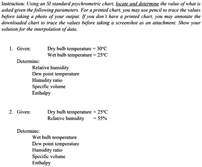 SOLVED: Instruction: Using an SL standard psychrometric chart, locate ...