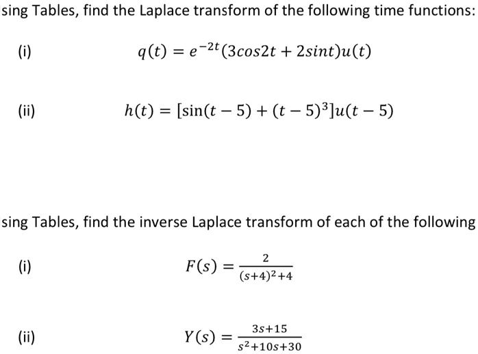 SOLVED: sing Tables, find the Laplace transform of the following time functions: (i) q(t) = e-2t ...